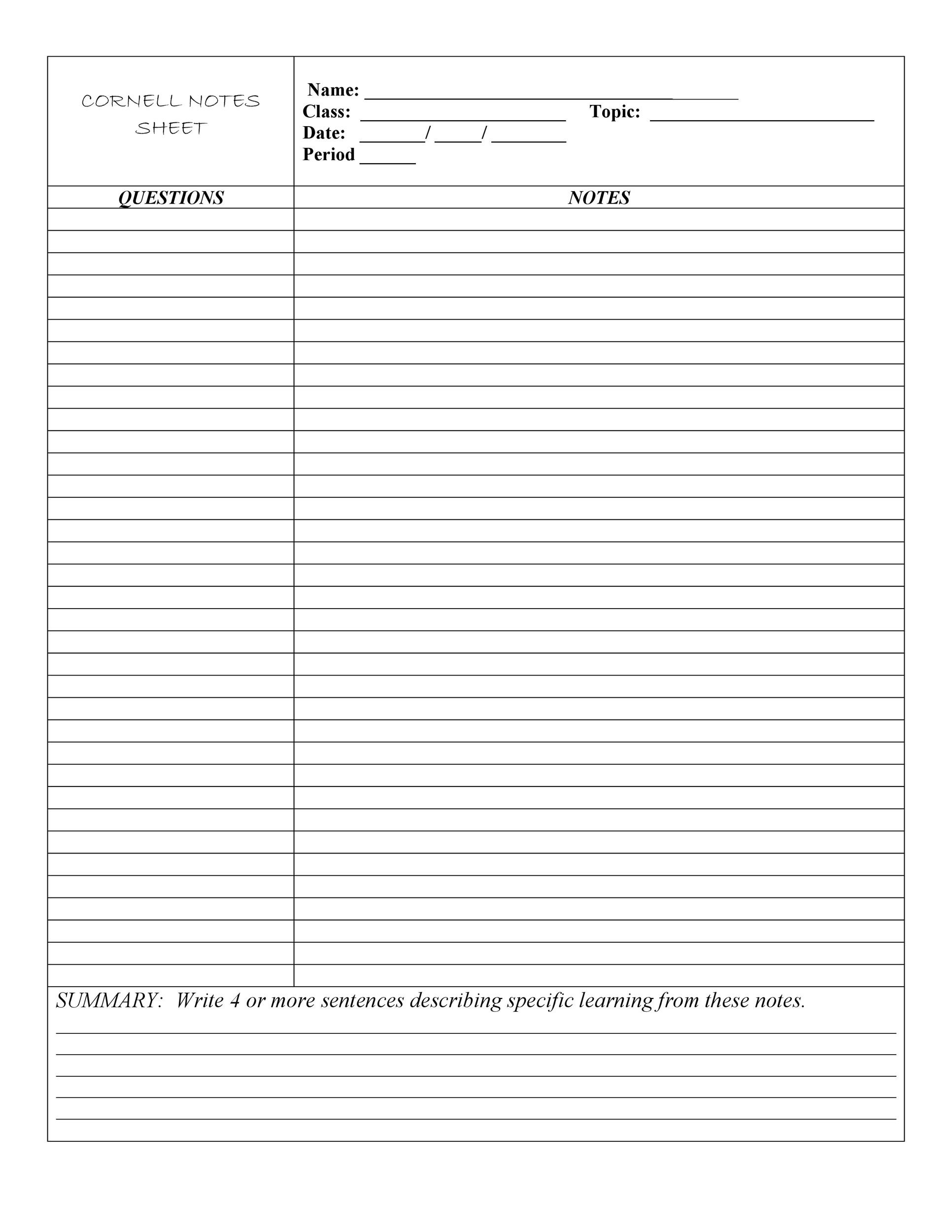 Cornell Notes Template Printable Cornell Notes Template Printable