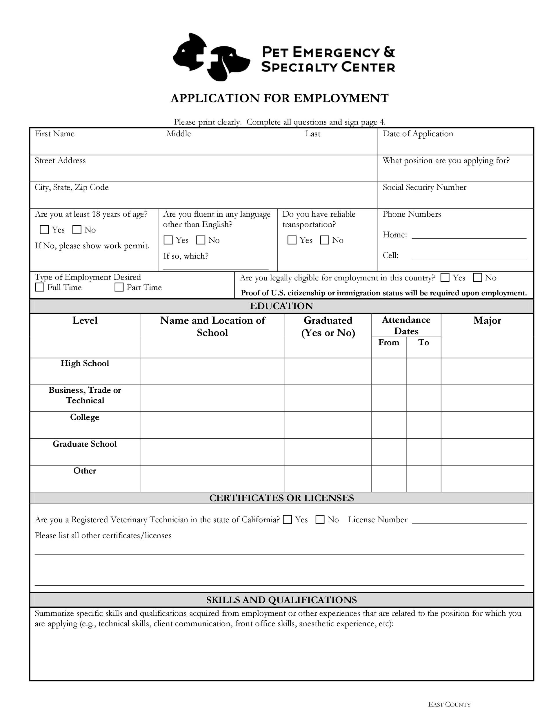 Printable Employment Applications Printable Employment Applications