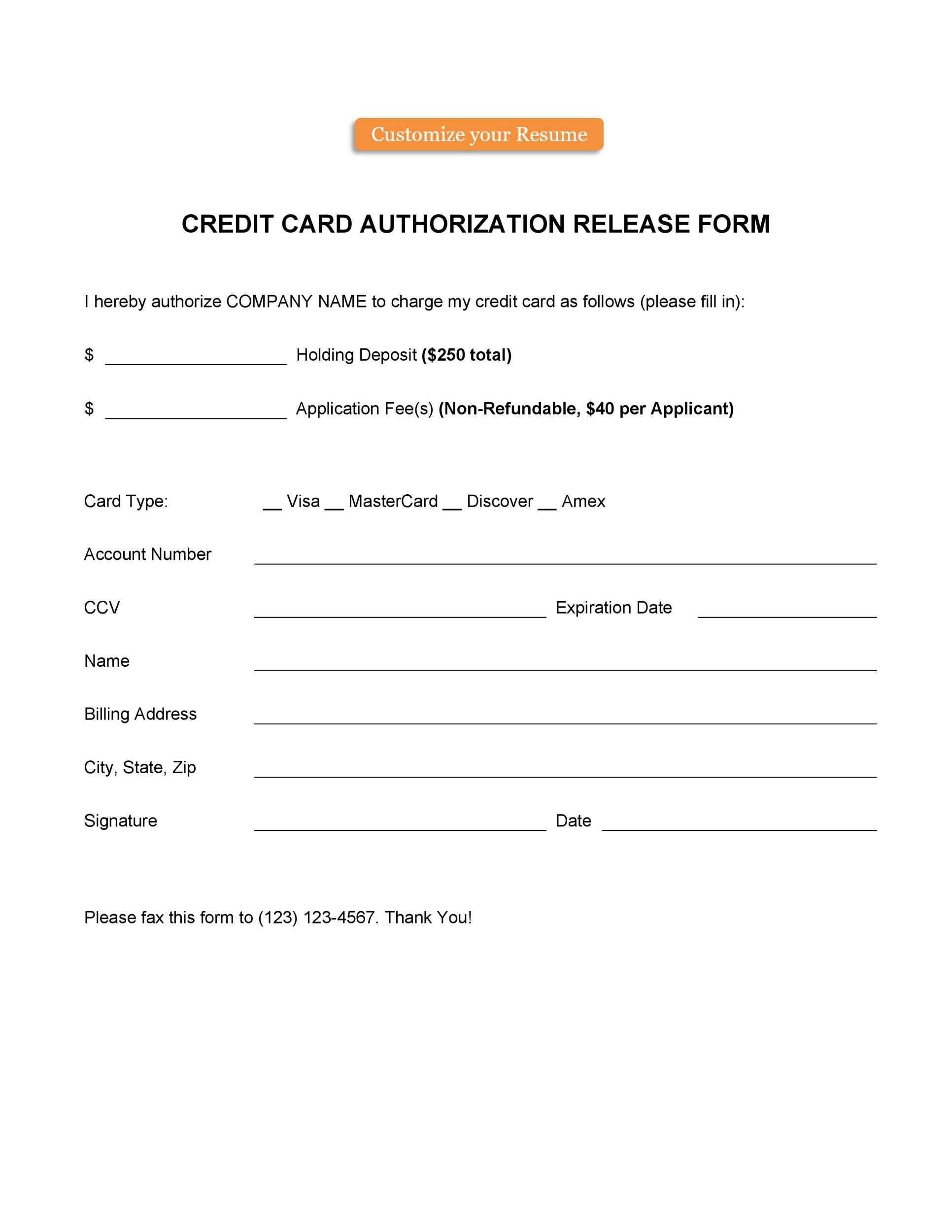 Free Credit Card Authorization Form Pdf Fillable Template