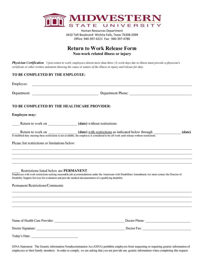 49 Best Return To Work [& Work Release Forms] ᐅ TemplateLab