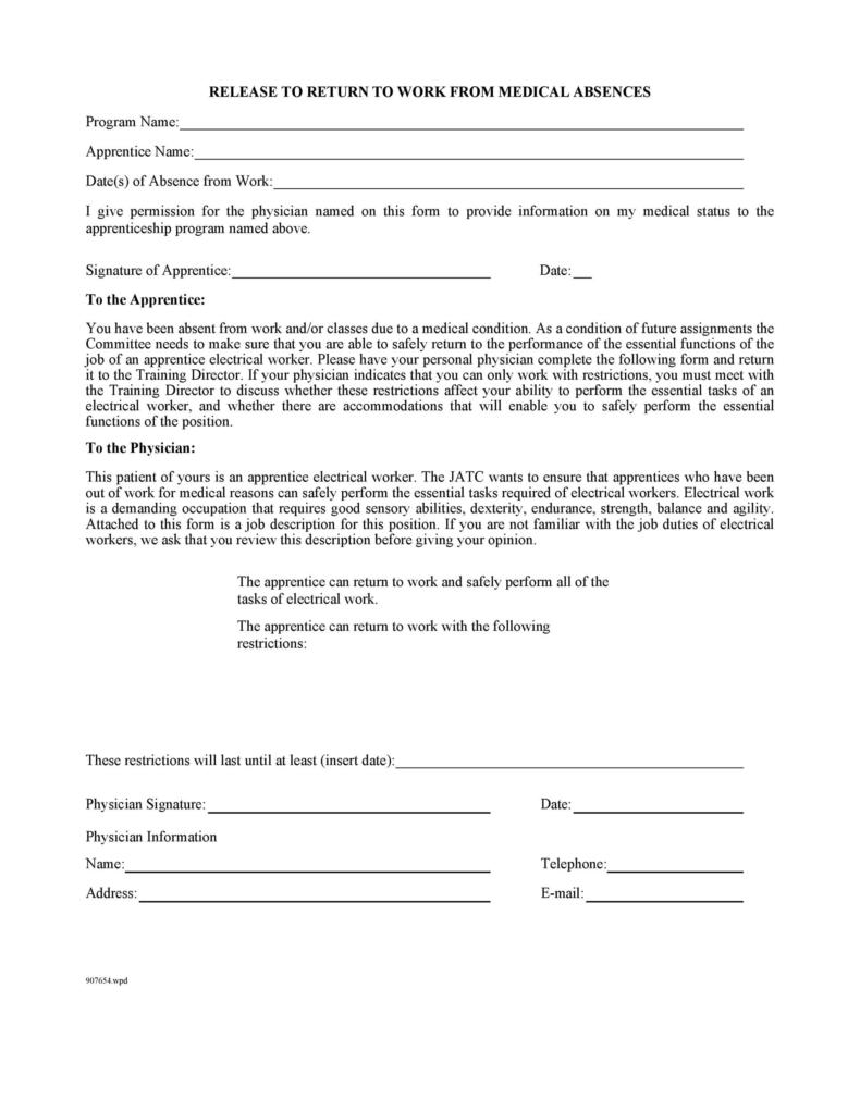 49 Best Return To Work [& Work Release Forms] ᐅ TemplateLab
