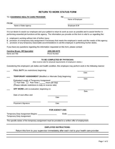 49 Best Return To Work [& Work Release Forms] ᐅ TemplateLab