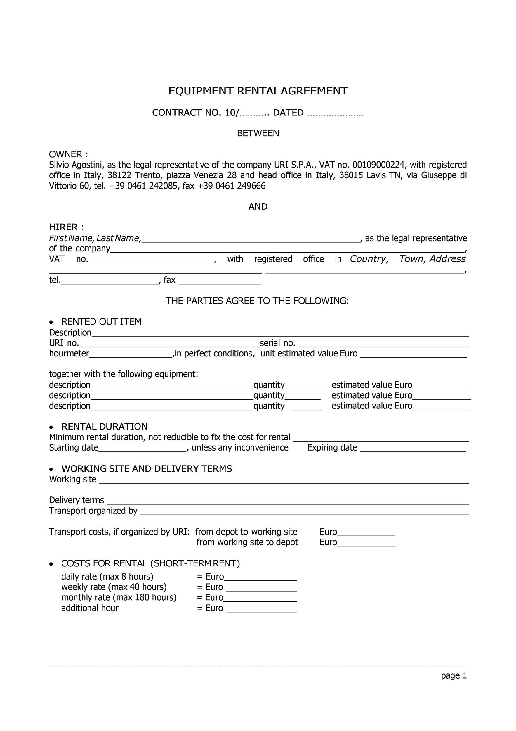 Printable Equipment Rental Agreement Template - Printable Templates Printable Equipment Rental Agreement Template - Printable Templates