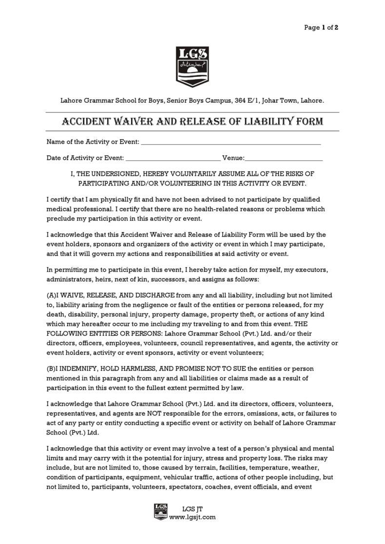 50 Free Release Of Liability Forms (Liability Waiver) ᐅ TemplateLab