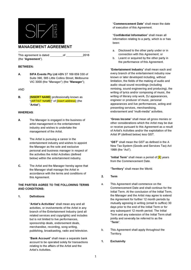50 Artist Management Contract Templates (MS Word) ᐅ TemplateLab