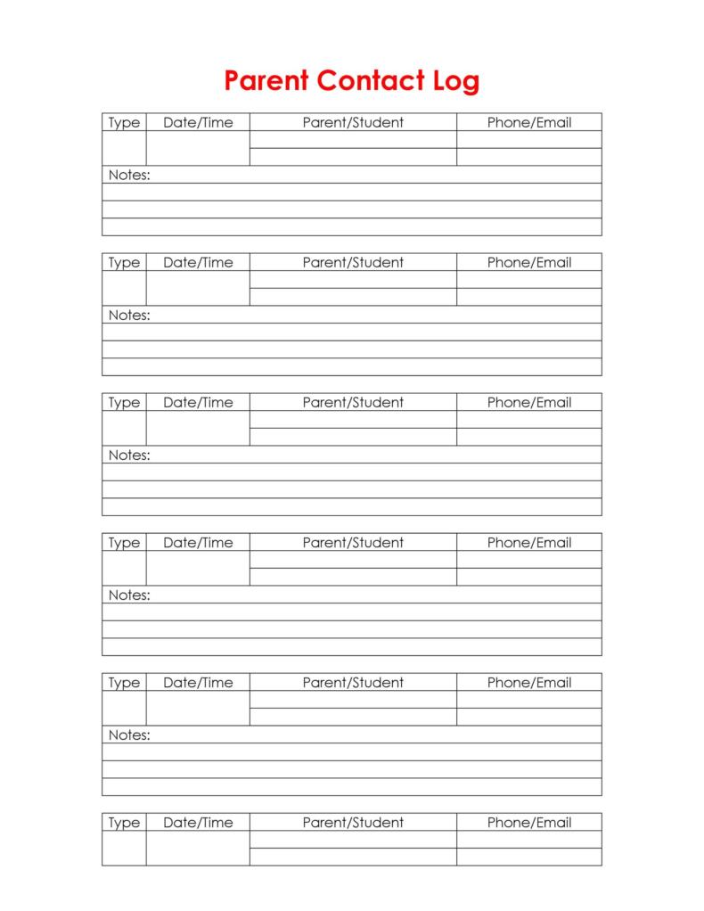 50 Editable Parent Contact Logs (Doc, Excel & PDF)