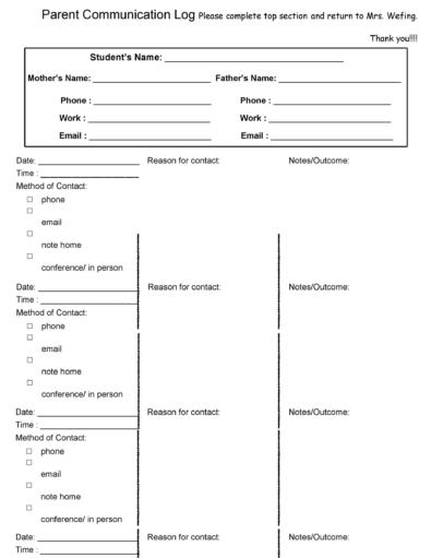 50 Editable Parent Contact Logs (Doc, Excel & PDF)