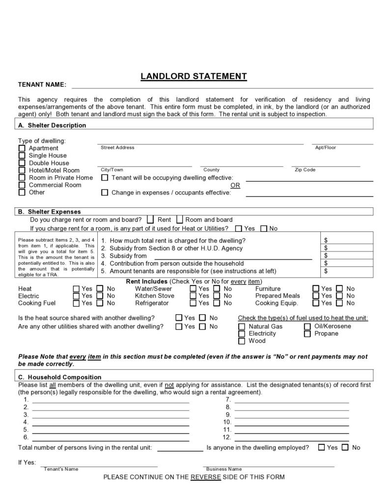 43 Perfect Landlord Statement Forms (& Letters) ᐅ TemplateLab