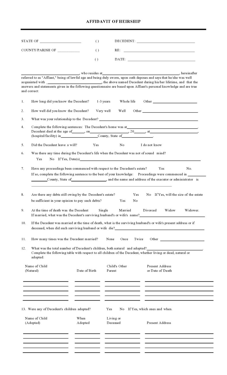 47 FREE Affidavit of Heirship (Forms/Letters/Certificates)