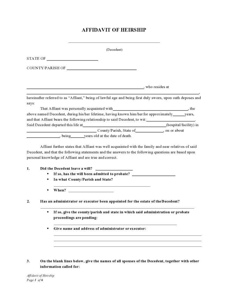 47 FREE Affidavit of Heirship (Forms/Letters/Certificates)