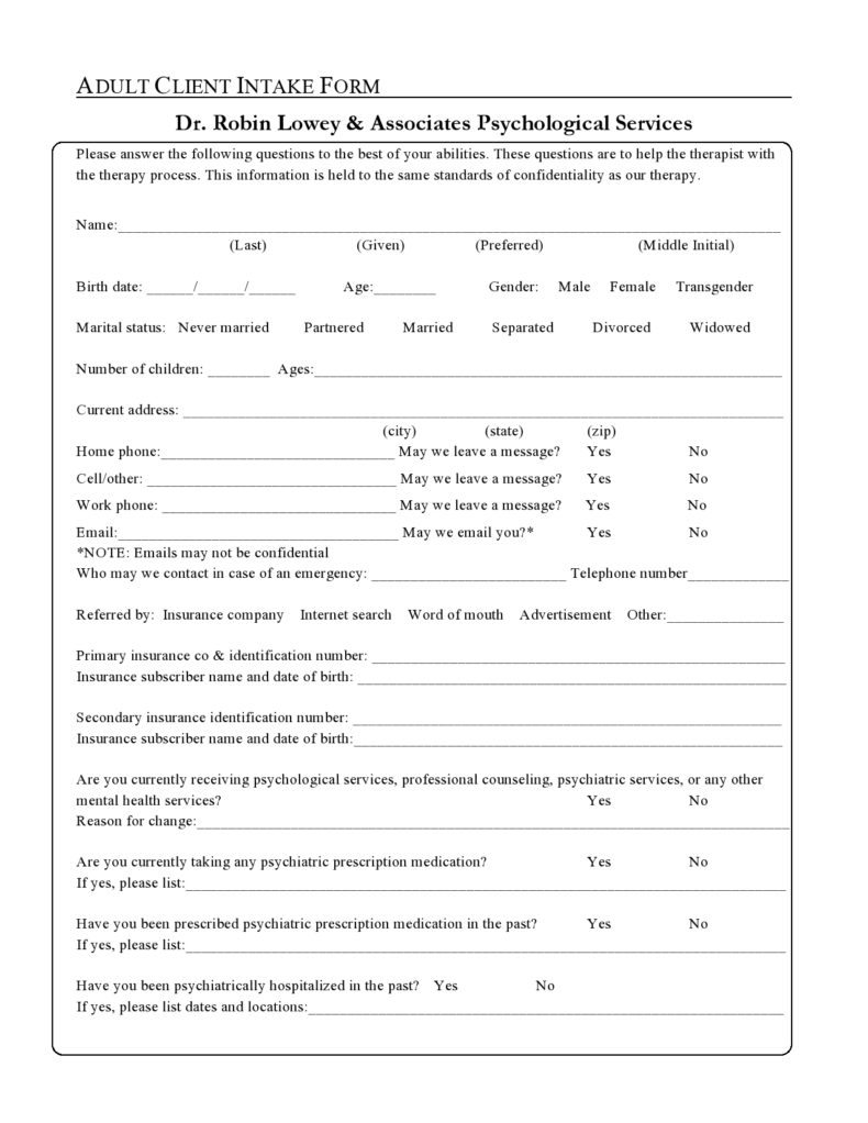 56 Printable Client Intake Forms (FREE Templates) ᐅ TemplateLab