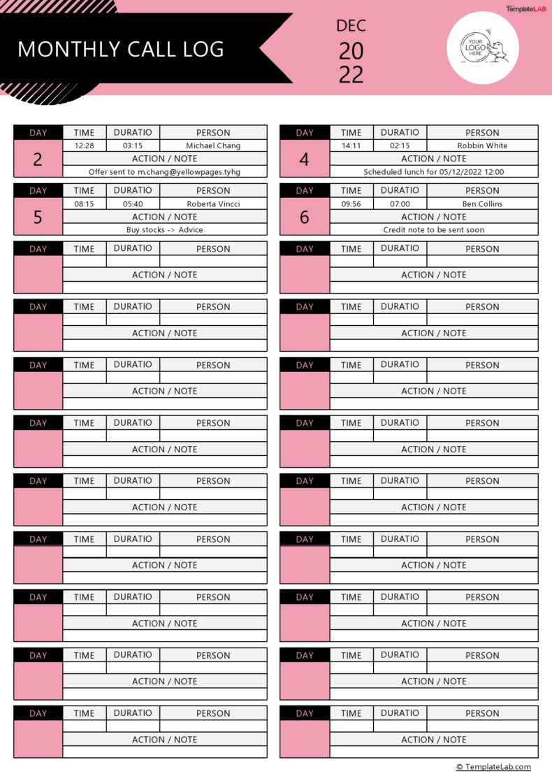 20+ Printable Call Log Templates [Word,Excel,PDF] - TemplateLab