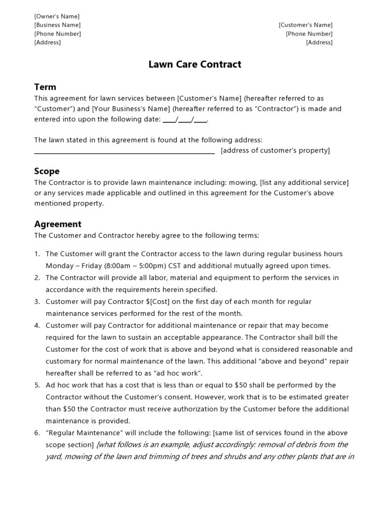 40 Professional Lawn Care Contract Templates (FREE)