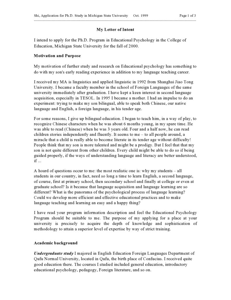 40 Best Letter of Intent for Graduate School Samples