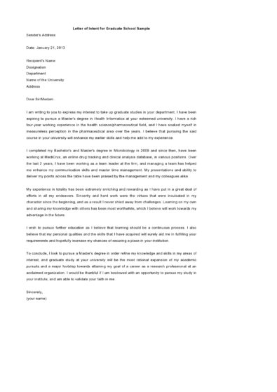 40 Best Letter of Intent for Graduate School Samples