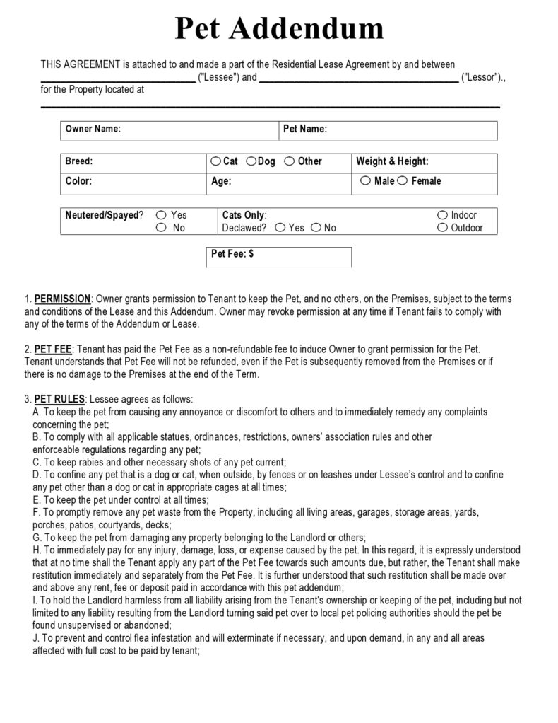 39 Free Pet Addendum Forms to Rental Agreement [DOC, PDF]
