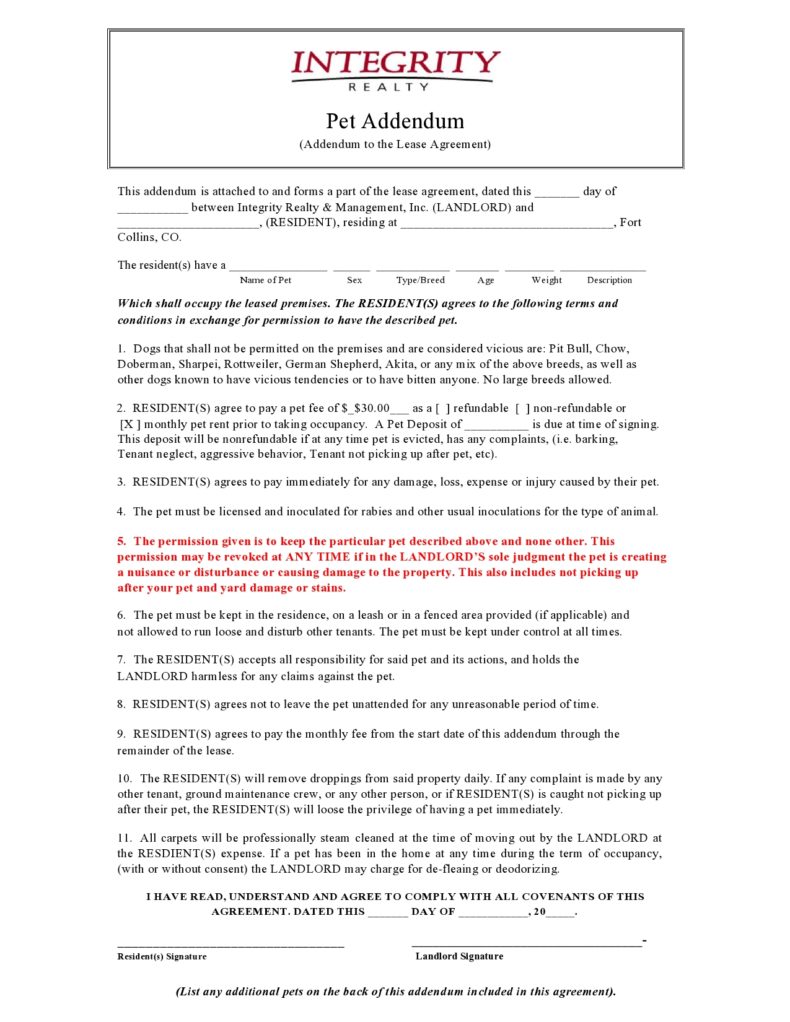 39 Free Pet Addendum Forms to Rental Agreement [DOC, PDF]