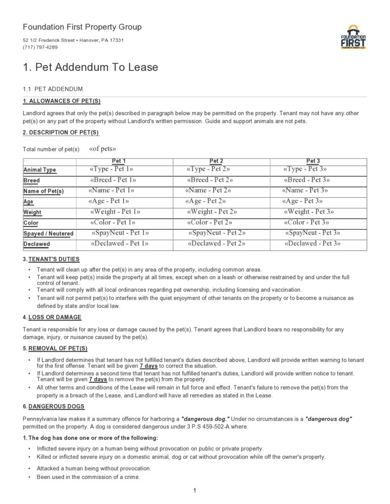 39 Free Pet Addendum Forms to Rental Agreement [DOC, PDF]