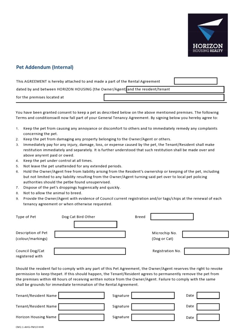 39 Free Pet Addendum Forms to Rental Agreement [DOC, PDF]