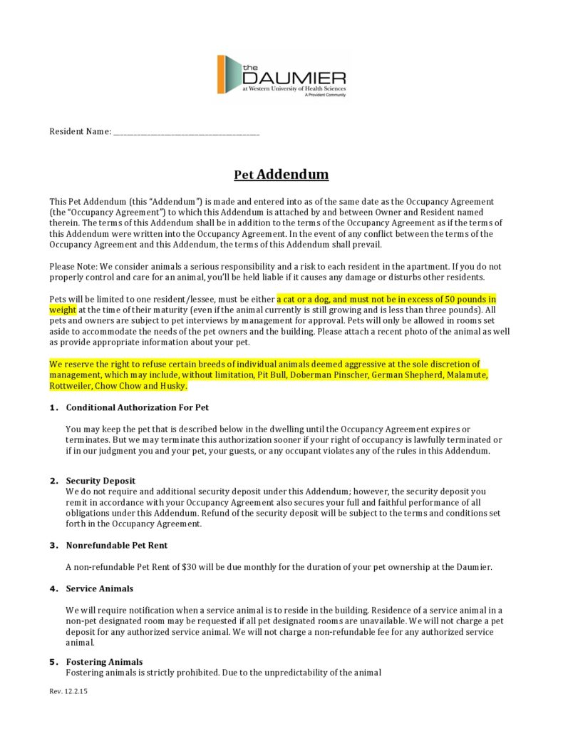 39 Free Pet Addendum Forms to Rental Agreement [DOC, PDF]