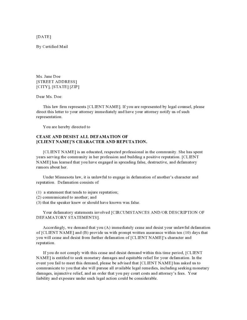 40 Effective Cease and Desist Defamation Letters ᐅ TemplateLab