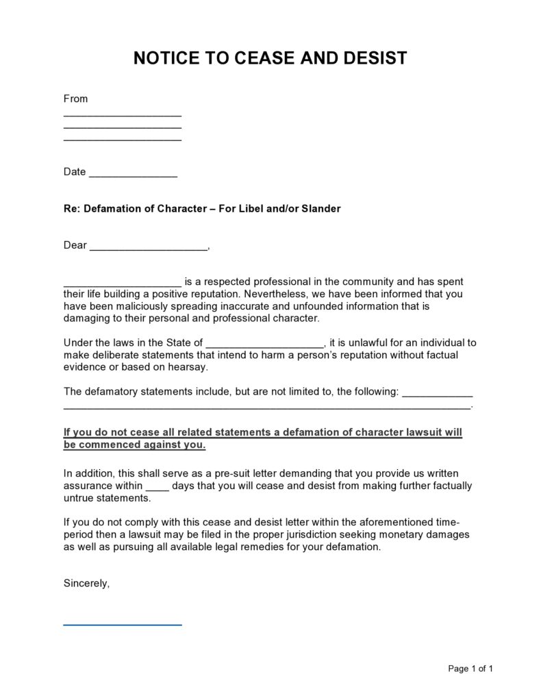 40 Effective Cease and Desist Defamation Letters ᐅ TemplateLab