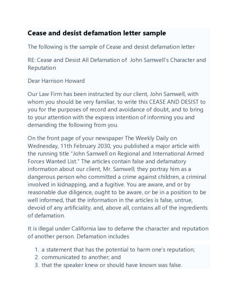 40 Effective Cease and Desist Defamation Letters ᐅ TemplateLab