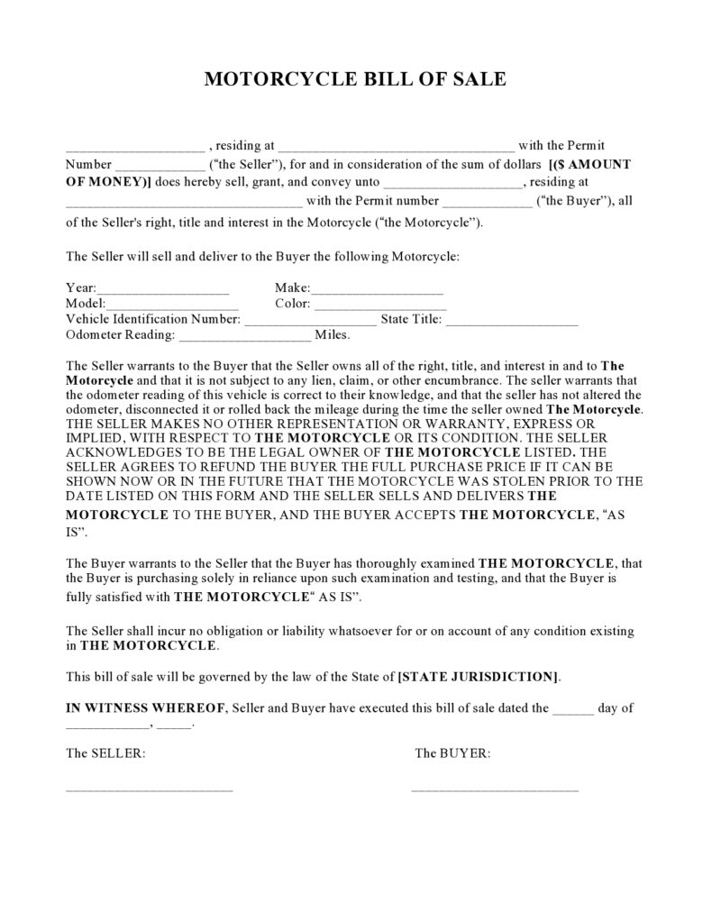 39 Free Motorcycle Bill of Sale Templates [Printable] ᐅ TemplateLab