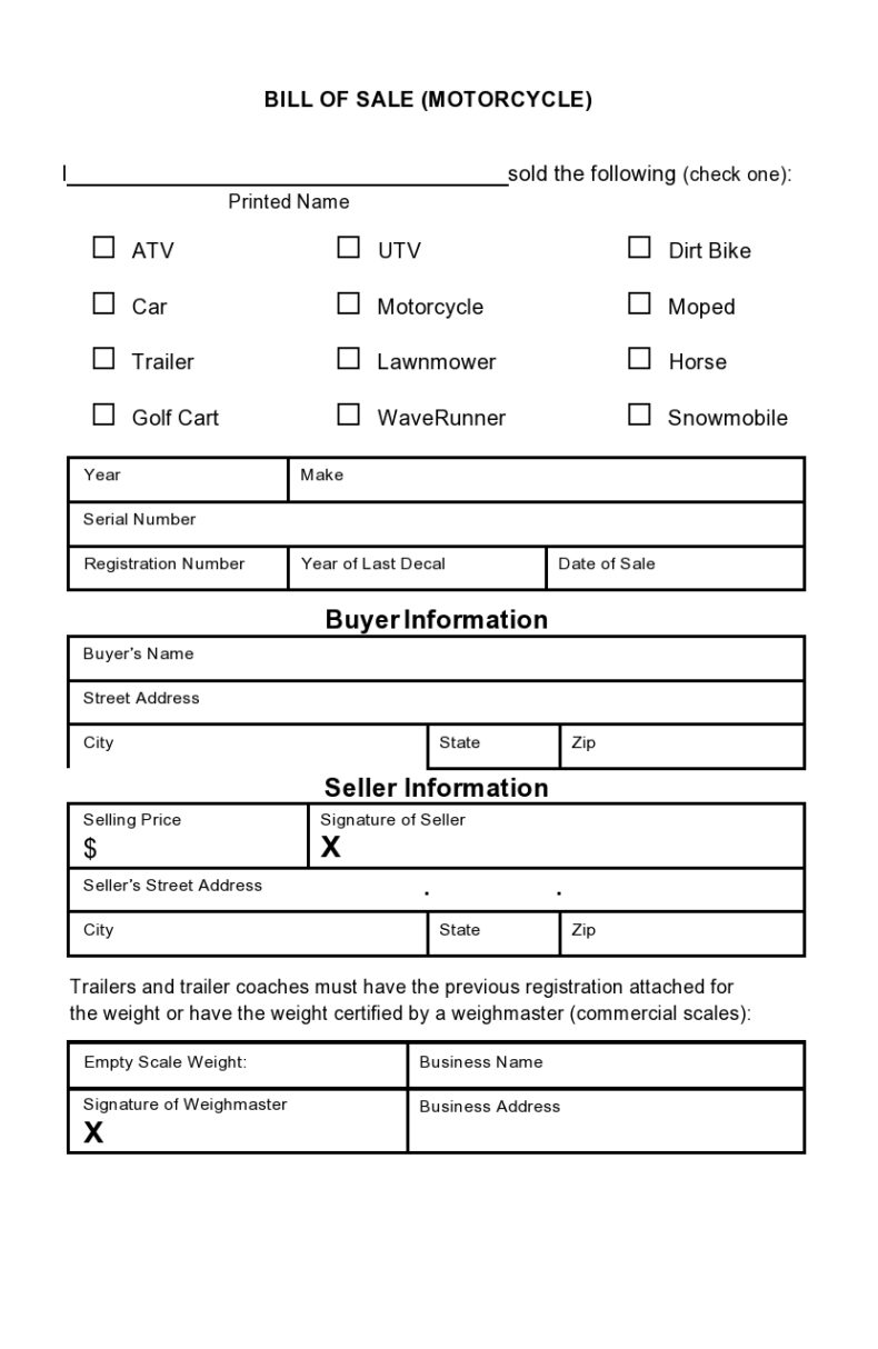 39 Free Motorcycle Bill of Sale Templates [Printable] ᐅ TemplateLab