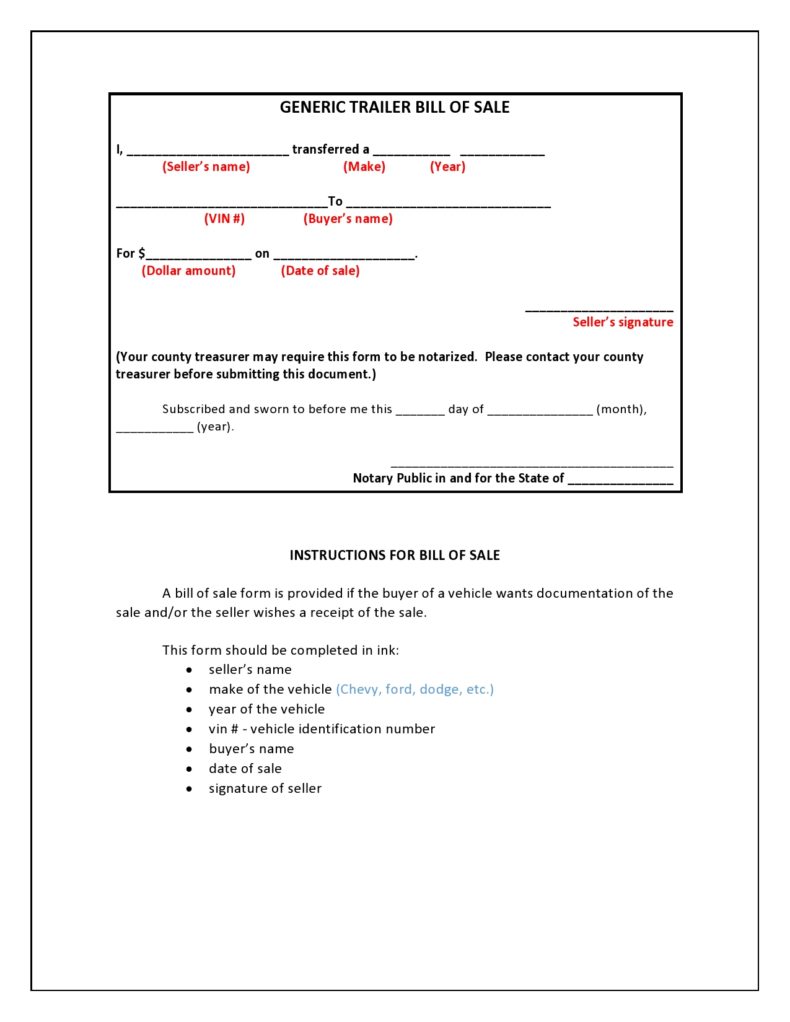 38 Printable Trailer Bill of Sale Templates [Word] - TemplateLab