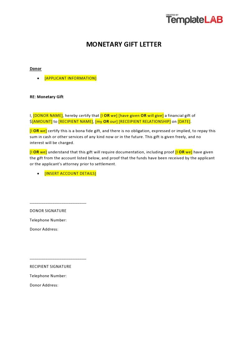 35 Best Gift Letter Templates (Word & PDF) ᐅ TemplateLab