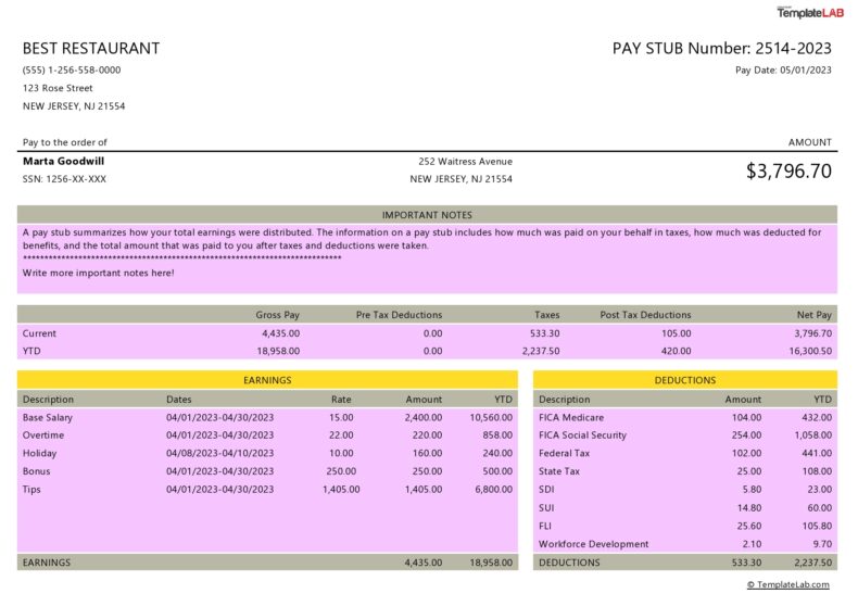 24 Free Pay Stub Templates [Word, Excel, PDF] - TemplateLab