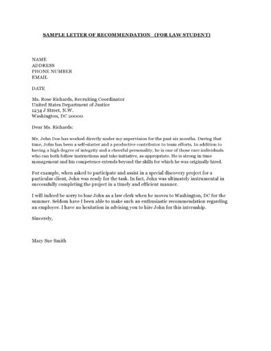 40 Law School Letter of Recommendation Samples [BEST Only]