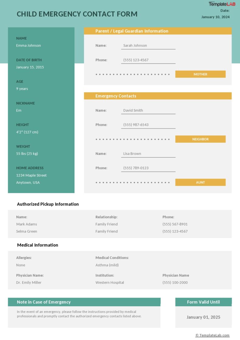 42 Printable Emergency Contact Forms (100% Free)