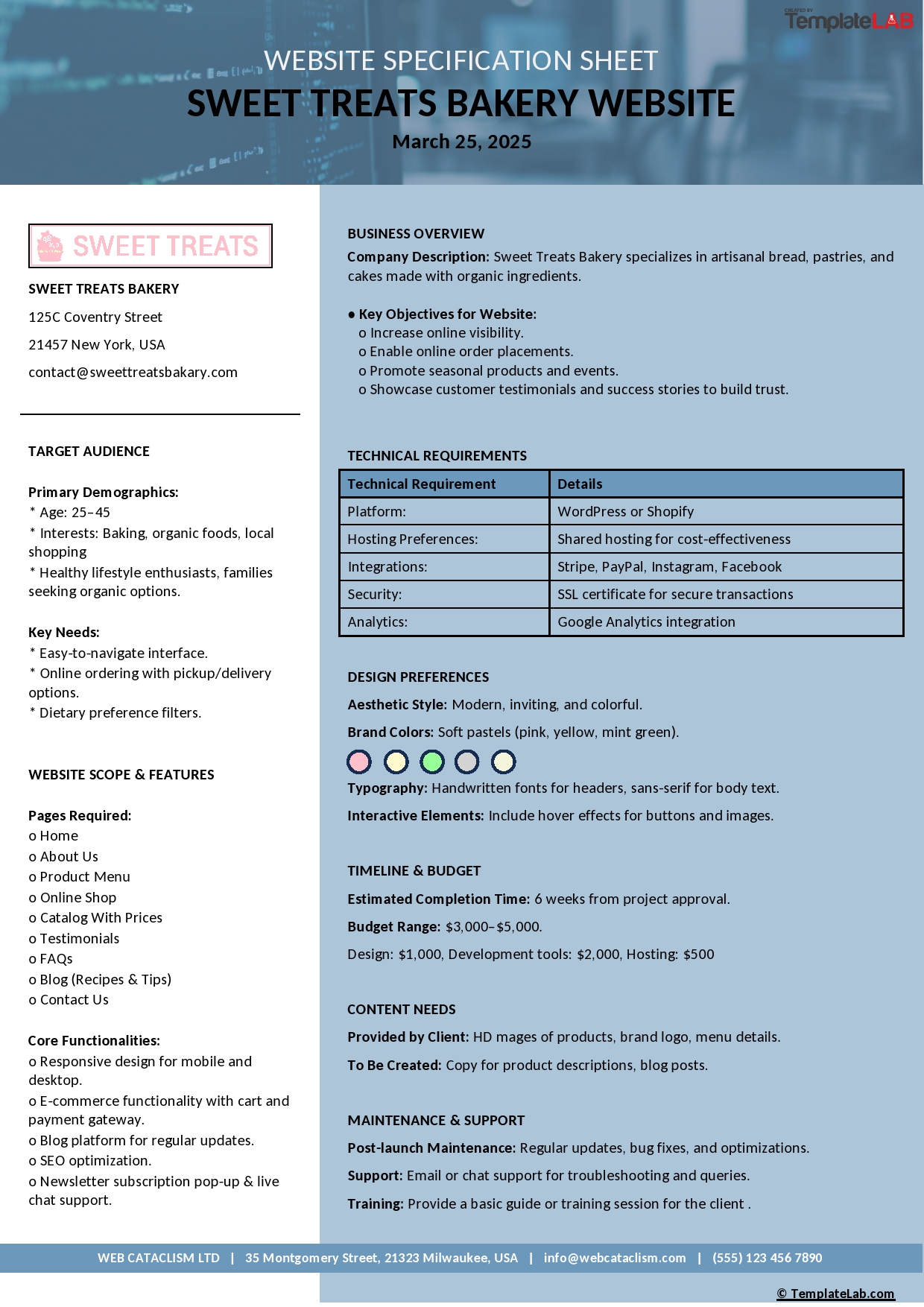 Construction Specification Sheet