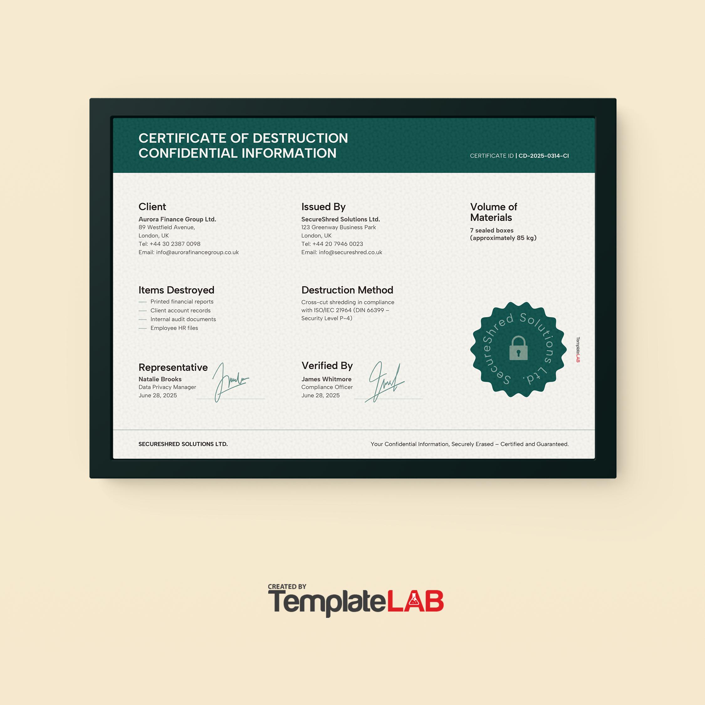 18 Certificate of Destruction Templates (Word, PDF, PPTX) ᐅ TemplateLab
