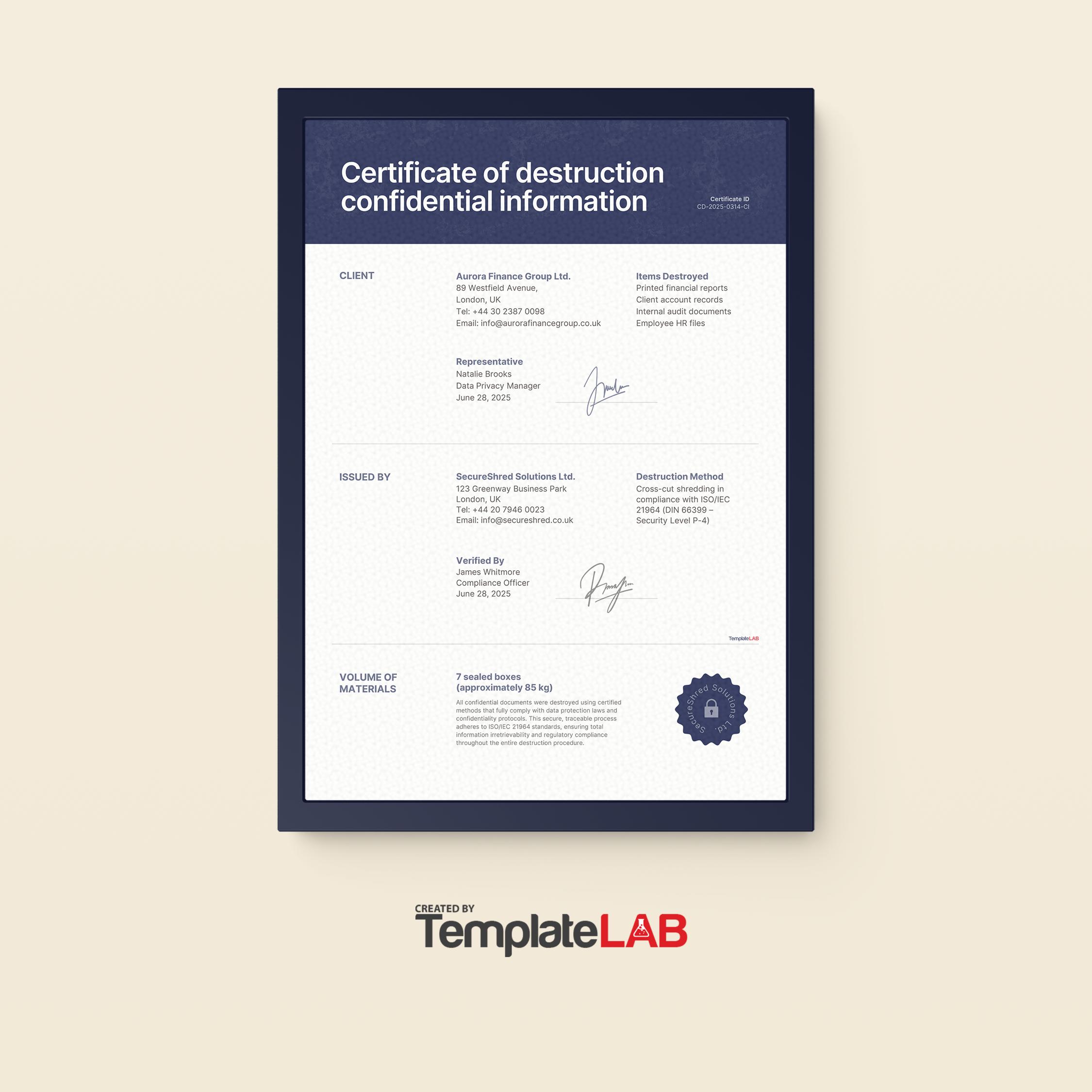 18 Certificate of Destruction Templates (Word, PDF, PPTX) ᐅ TemplateLab